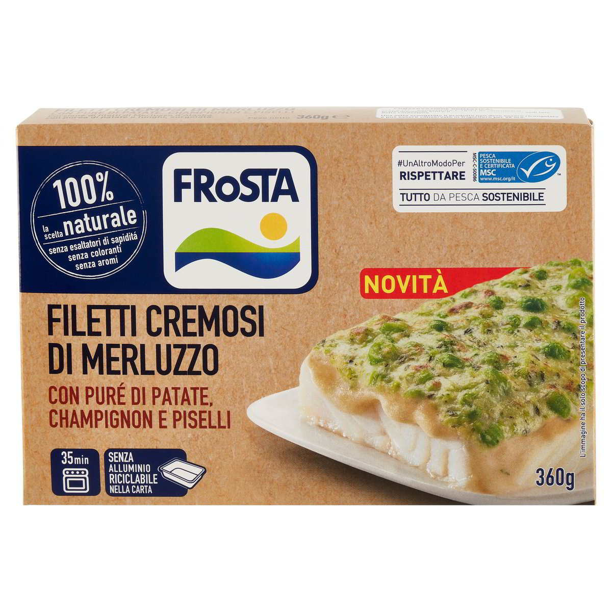 FILETTI CREMOSI DI MERLUZZO CON PURÉ DI PATATE E CHAMPIGNON E PISELLI ...